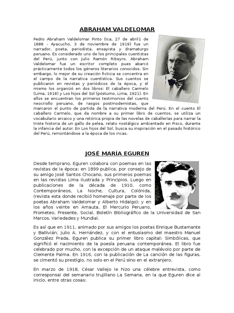 Valdelomar y Eguren: Pioneros Literarios Peruanos | PDF | Historia ...