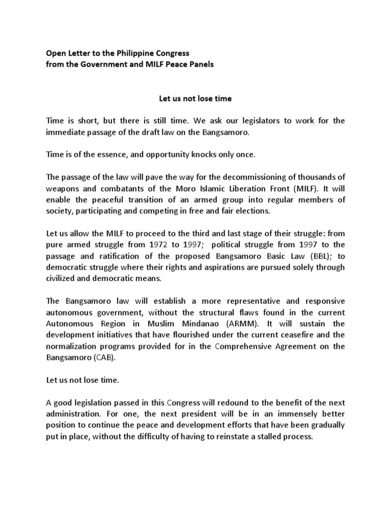 Open Letter to the Philippine Congress From the Gov't and MILF Peace ...