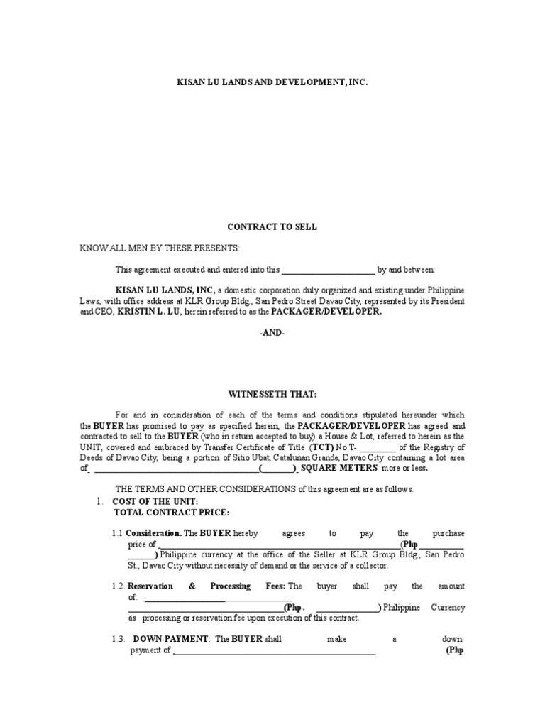 Contract to Sell House and Lot Sample | PDF | Interest | Deed