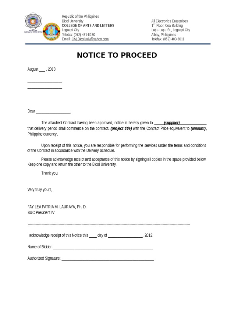 Notice To Proceed: College of Arts and Letters | PDF