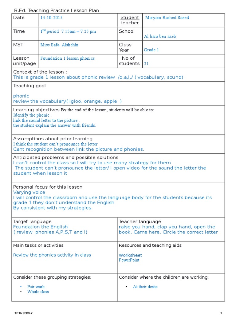 B.Ed. Teaching Practice Lesson Plan: Main Tasks or Activities Resources ...