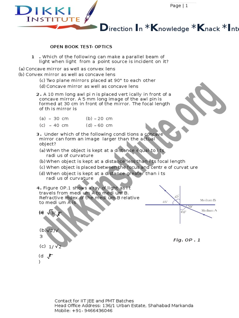 Open Book Test - Optics | PDF | Lens (Optics) | Optics
