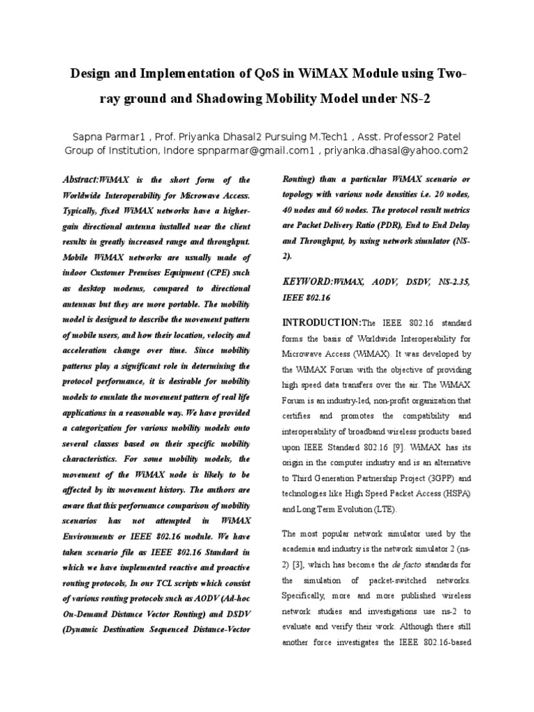 Design and Implementation of Qos in Wimax Module Using Two-Ray Ground and Shadowing Mobility ...