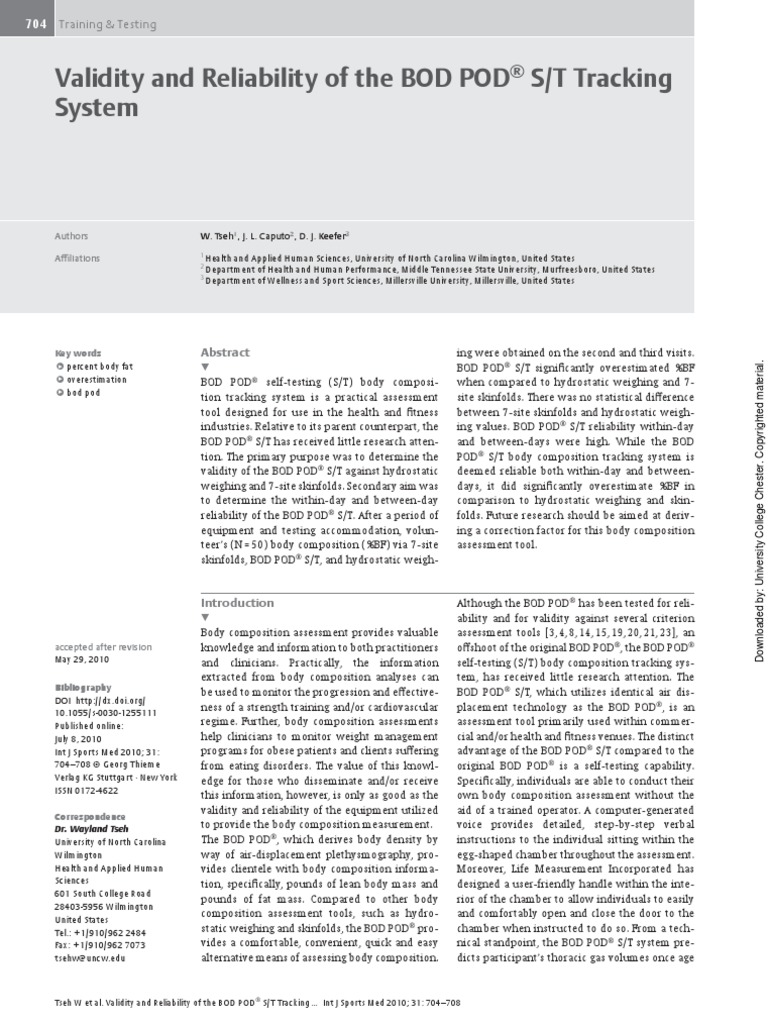 Validity and Reliability of The BOD POD S / T Tracking System | PDF ...