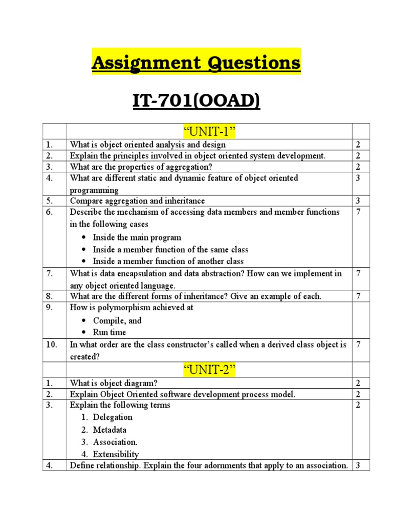 Assignment Questions IT-701 (OOAD) : "UNIT-1" | PDF | Object (Computer Science) | Class ...