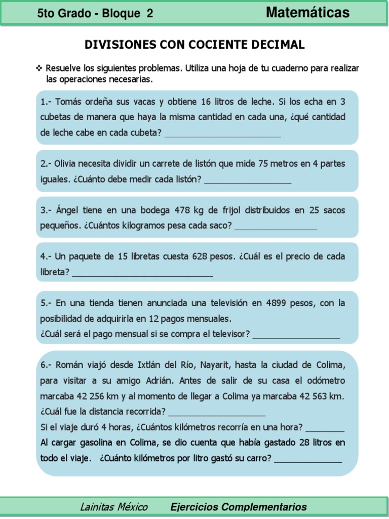 5to Grado - Matemáticas - Divisiones Con Cociente Decimal | PDF