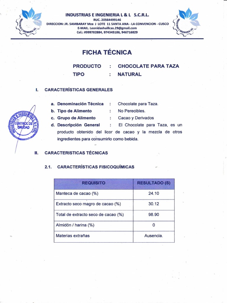 Ficha Tecnica CHOCOLATE | PDF