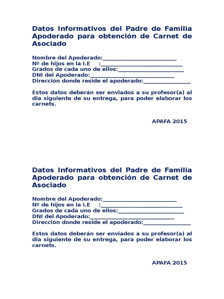 Datos Informativos Del Padrrrrrre de Familia Apoderado para Obtención de Carnet de Asociado | PDF