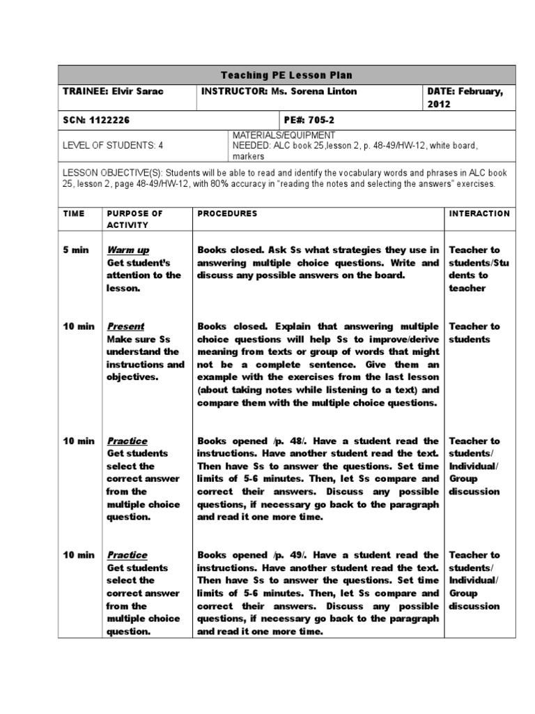 Teaching PE Lesson Plan: Time Purpose of Activity Procedures ...