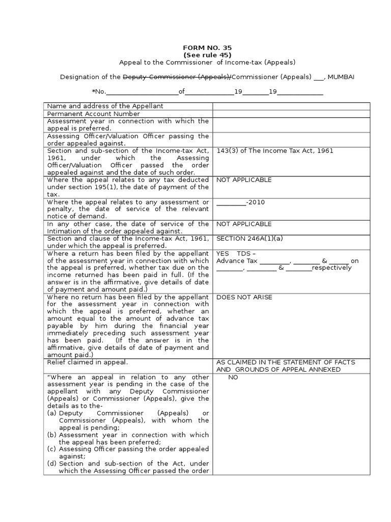 Form No. 35 (See Rule 45) | PDF | Income Tax In India | Taxes