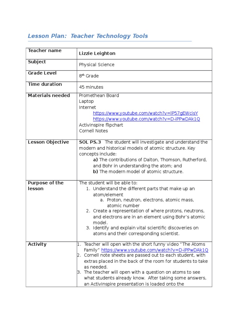Lesson Plan: Teacher Technology Tools | PDF | Atoms | Proton