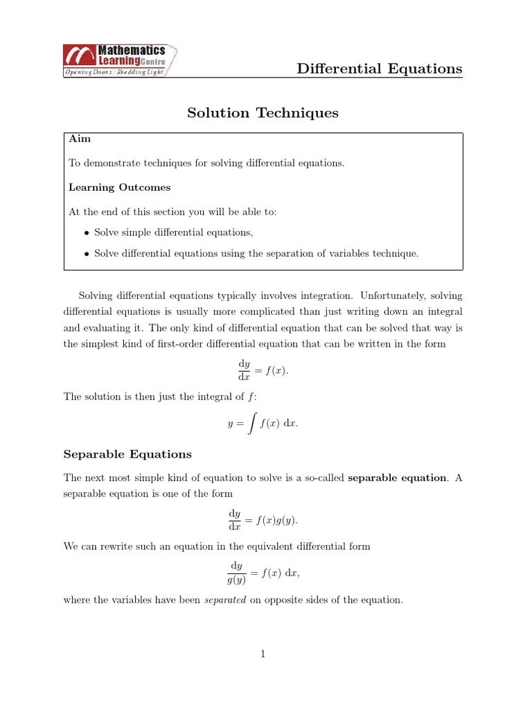 Differential Equations Solution Techniques | PDF | Equations | Integral