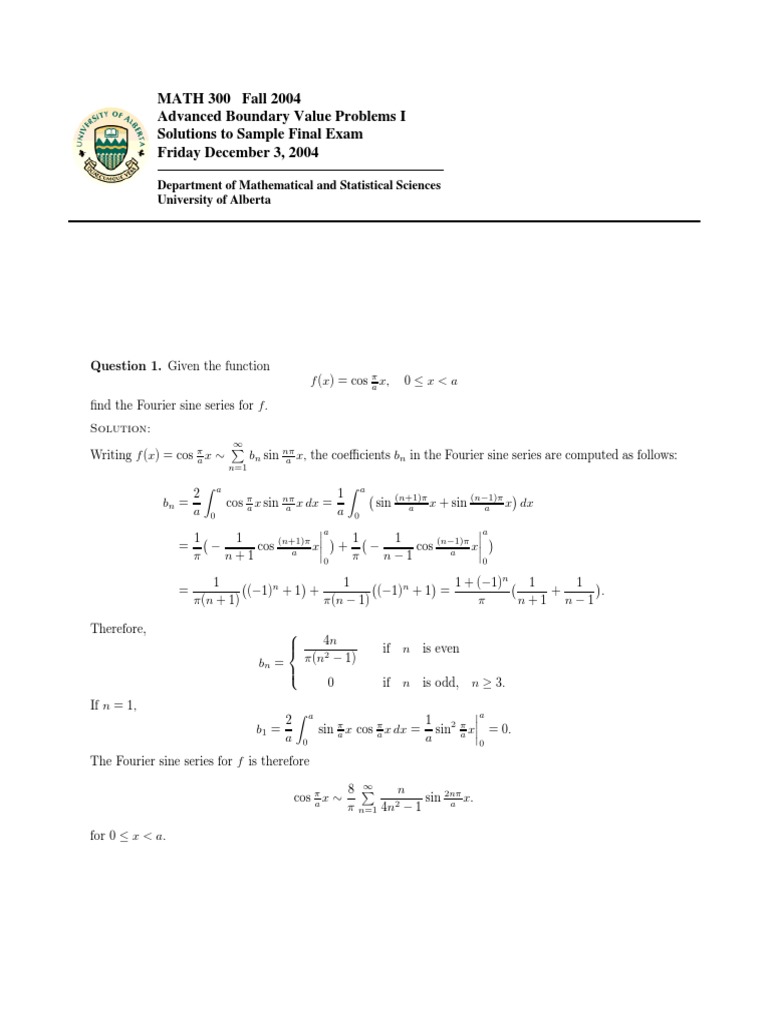 MATH 300 Fall 2004 Advanced Boundary Value Problems I Solutions To ...
