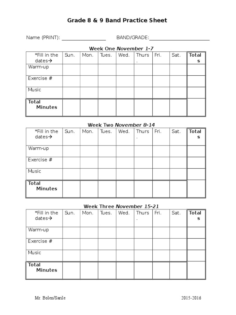 Grade 8 & 9 Band Practice Sheet: Week One November 1-7 Total S | PDF ...