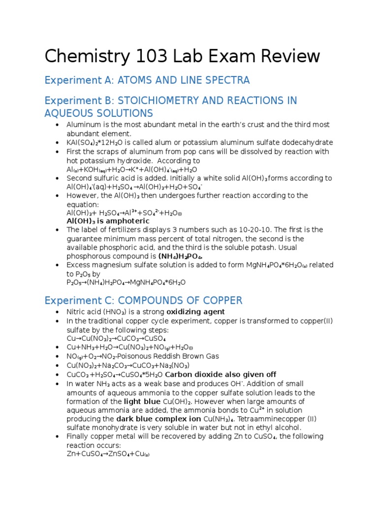 Chemistry 103 Lab Exam Review | PDF | Hydroxide | Aluminium
