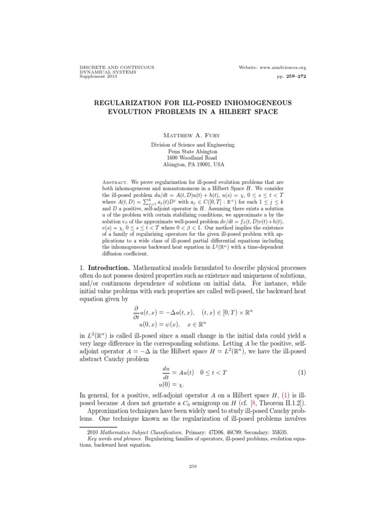 Regularization For Ill Posed Inhomogeneous Evolution Problems in A Hilbert Space | PDF | Hilbert ...