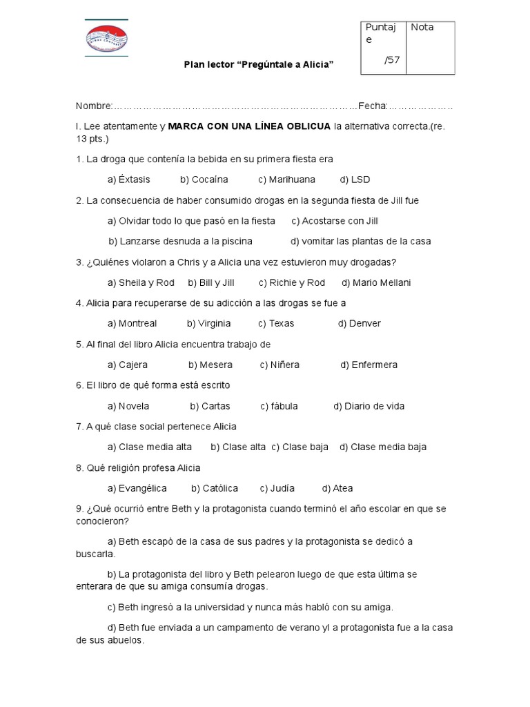 Evaluación Preguntale A Alicia | Descargar gratis PDF | Ocio