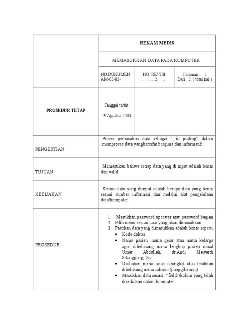 Contoh SOP Rekam Medik | PDF