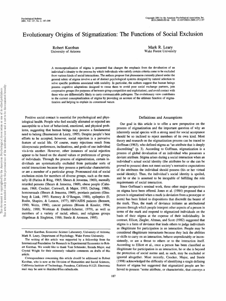 Evolutionary Origins of Social Exclusion | PDF | Social Stigma | Evolution