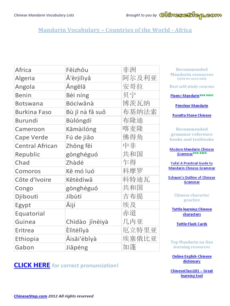 Mandarin Vocabulary: African Countries | PDF | Career & Growth ...