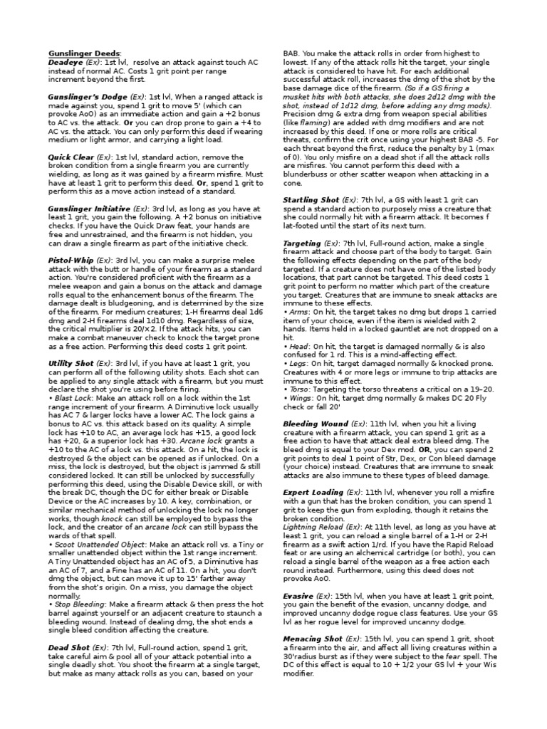Pathfinder Gunslinger Deeds | PDF | Firearms | Projectile Weapons