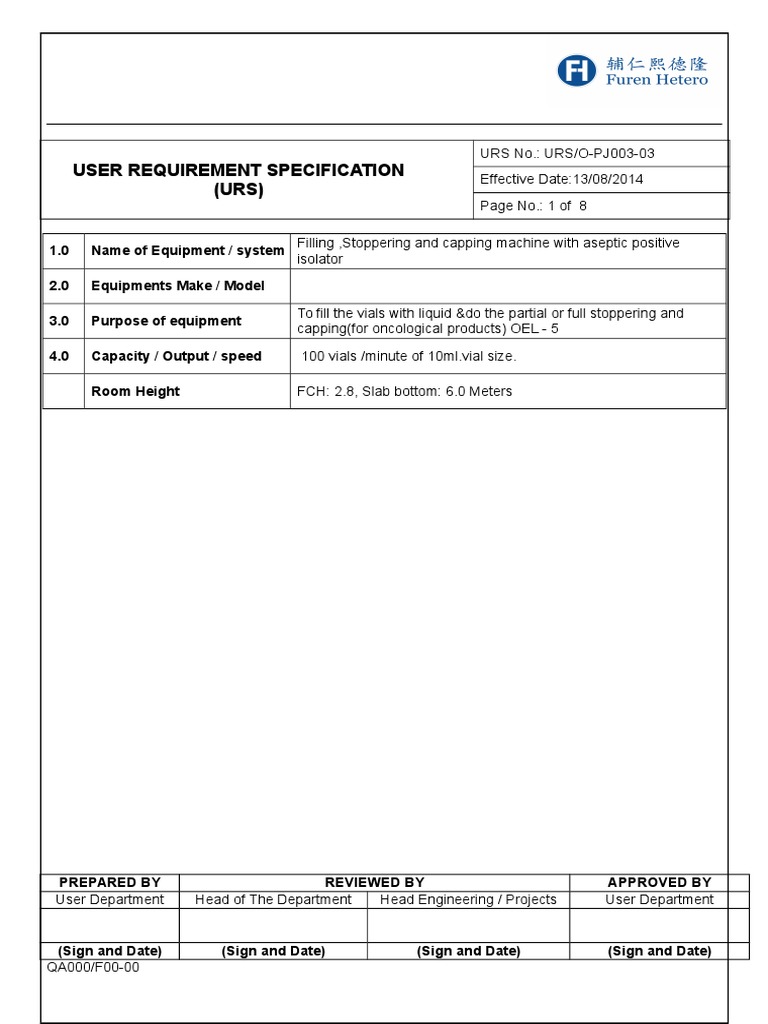A4 Filling Machine URS | PDF | Leak | Specification (Technical Standard)