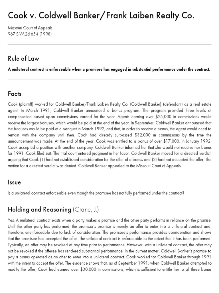 Cook v. Coldwell Banker/Frank Laiben Realty Co.: Rule of Law | Download ...