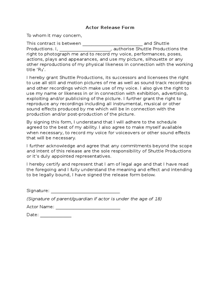 Actor Release Form | PDF