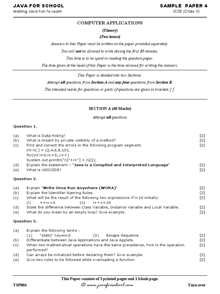 Computer Applications Icse Sample Paper 4 Pdf Interest Java Programming Language 