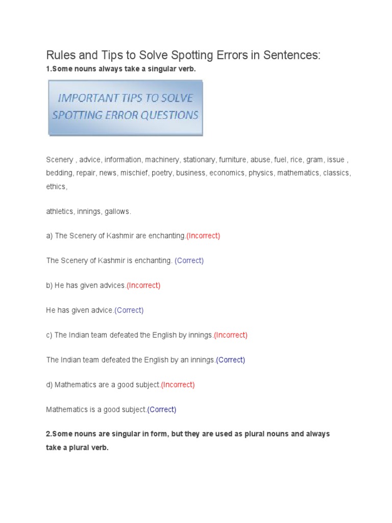 Rules and Tips To Solve Spotting Errors in Sentences | PDF ...
