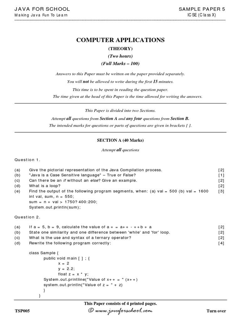 Computer Applications Icse Sample Paper 5 Pdf C Programming Language Control Flow