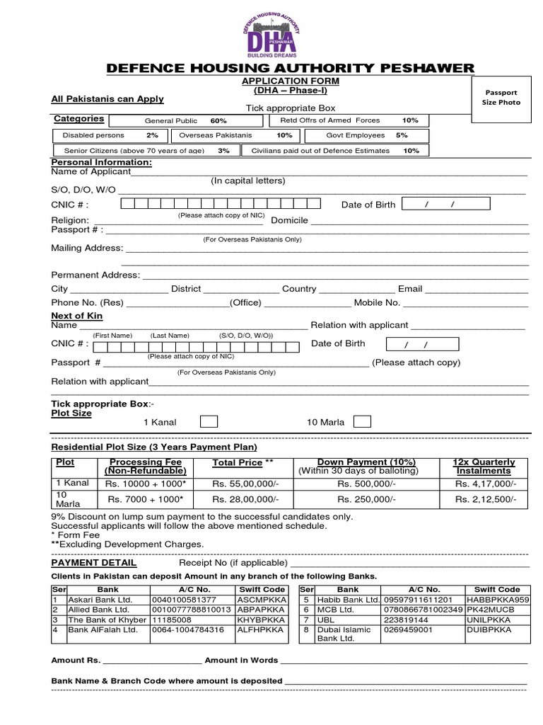 DHA Peshawar Application-Form PDF | Download Free PDF | Fee | Banks