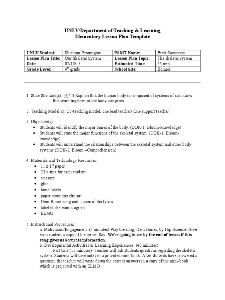 Skeletal System Lesson | PDF | Skeleton | Lesson Plan