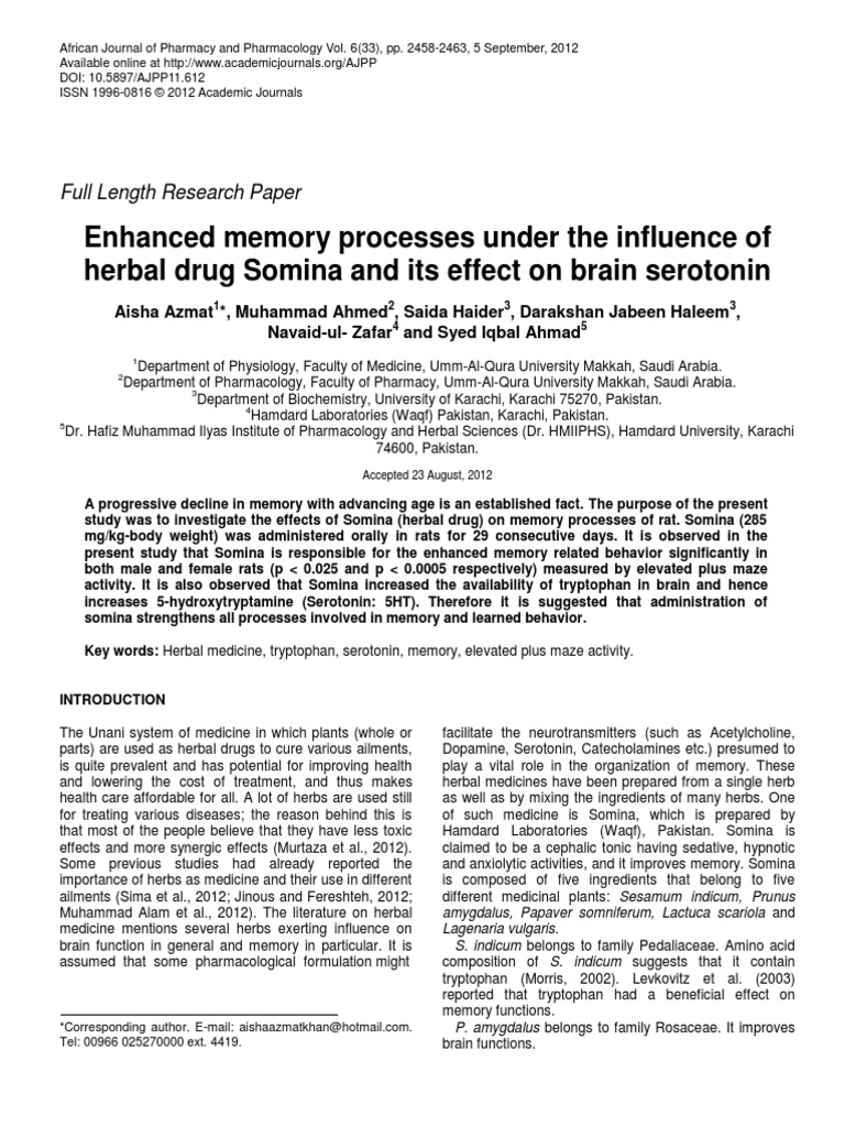 Hamdard Somina PDF | PDF | Serotonin | Tryptophan