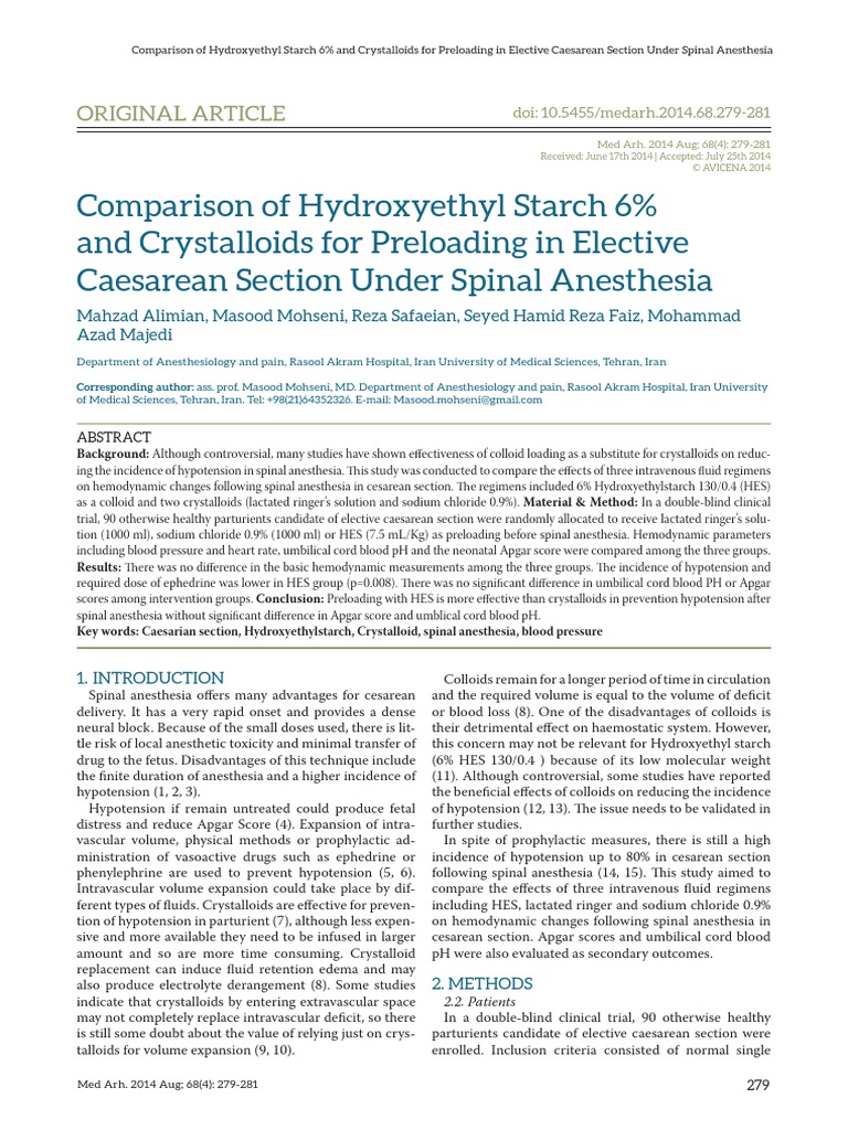 Comparison of Hydroxyethyl Starch 6% and Crystalloids For Preloading in ...
