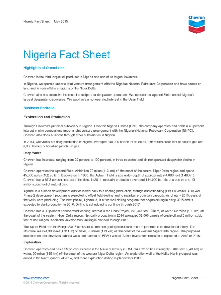 Nigeria Fact Sheet | Chevron Corporation | Nigeria