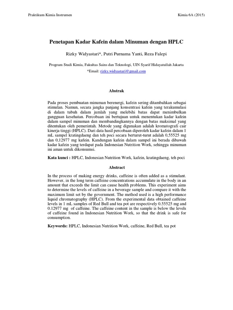 Penetapan Kadar Kafein Dalam Minuman Dengan HPLC | PDF Penetapan Kadar Kafein Dalam Minuman Dengan HPLC | PDF
