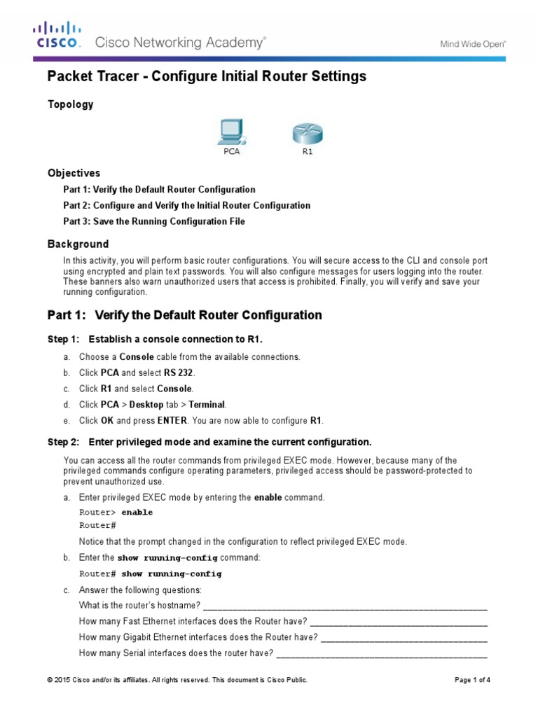 6.4.1.3 Packet Tracer - Configure Initial Router Settings | PDF ...