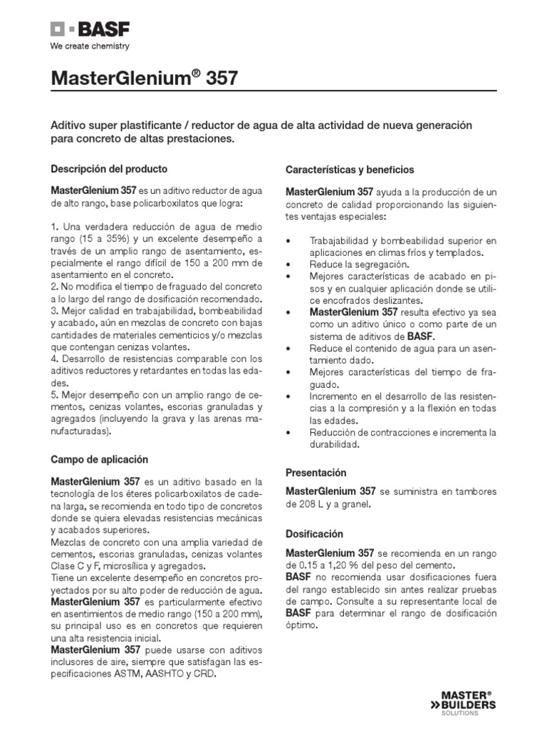 Ficha Tecnica MasterGlenium 357 | PDF | Hormigón | Calidad (comercial)