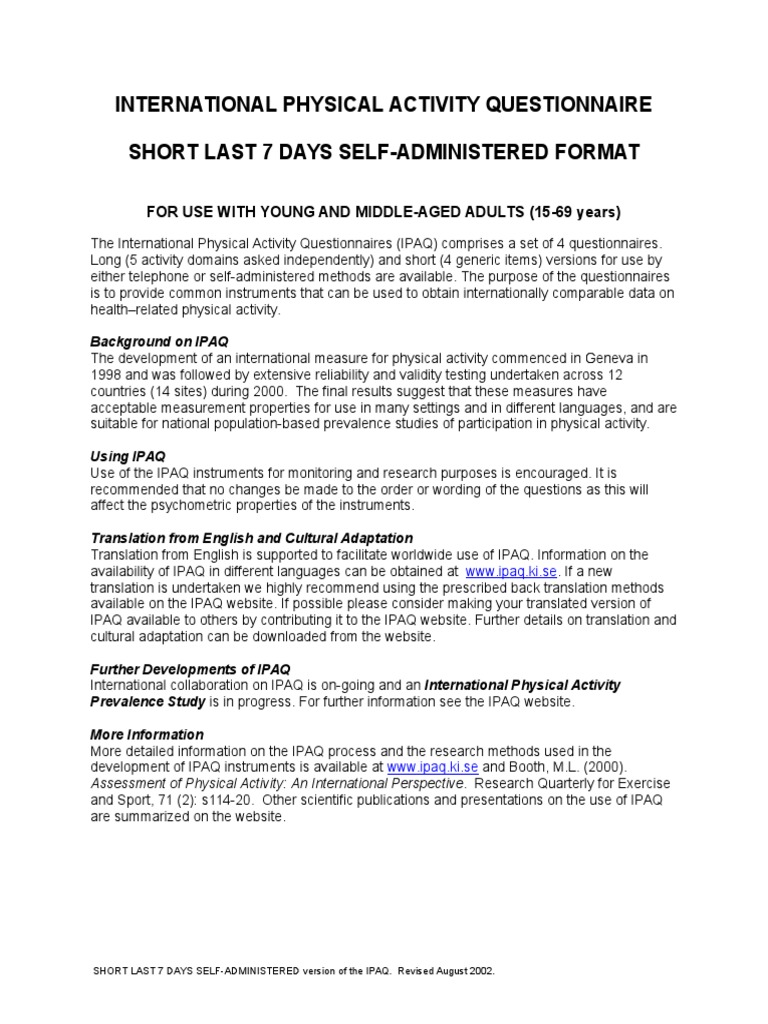 IPAQ English | PDF | Physical Exercise | Questionnaire