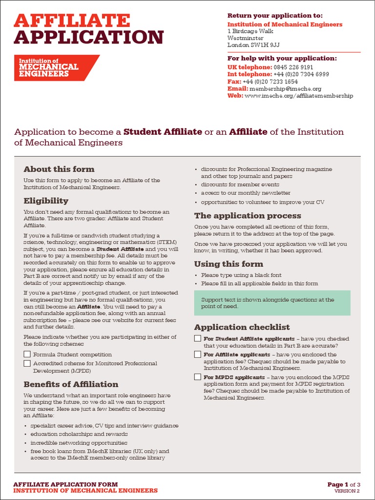 IMechE Affiliate Application Form | PDF | Cheque | Academia