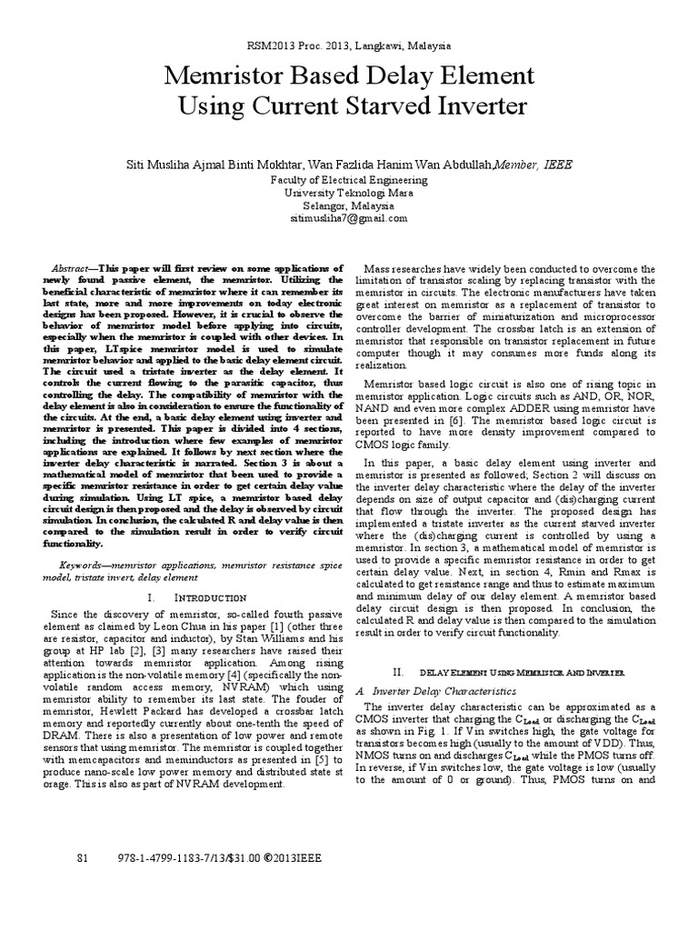 Memristors 1 - Memristor Based Delay Element Using Current Starved ...