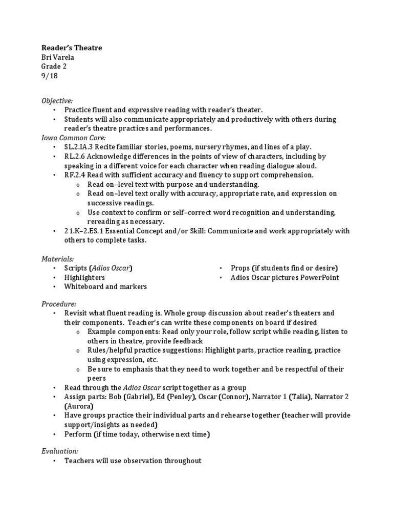 Adios Oscar Lesson Plan and Assessment | PDF | Classroom | Reading ...