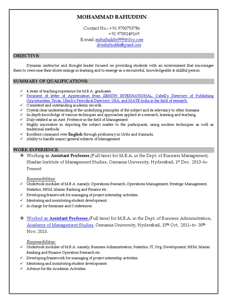 MD Rafiuddin CV | PDF | Master Of Business Administration | Strategic ...