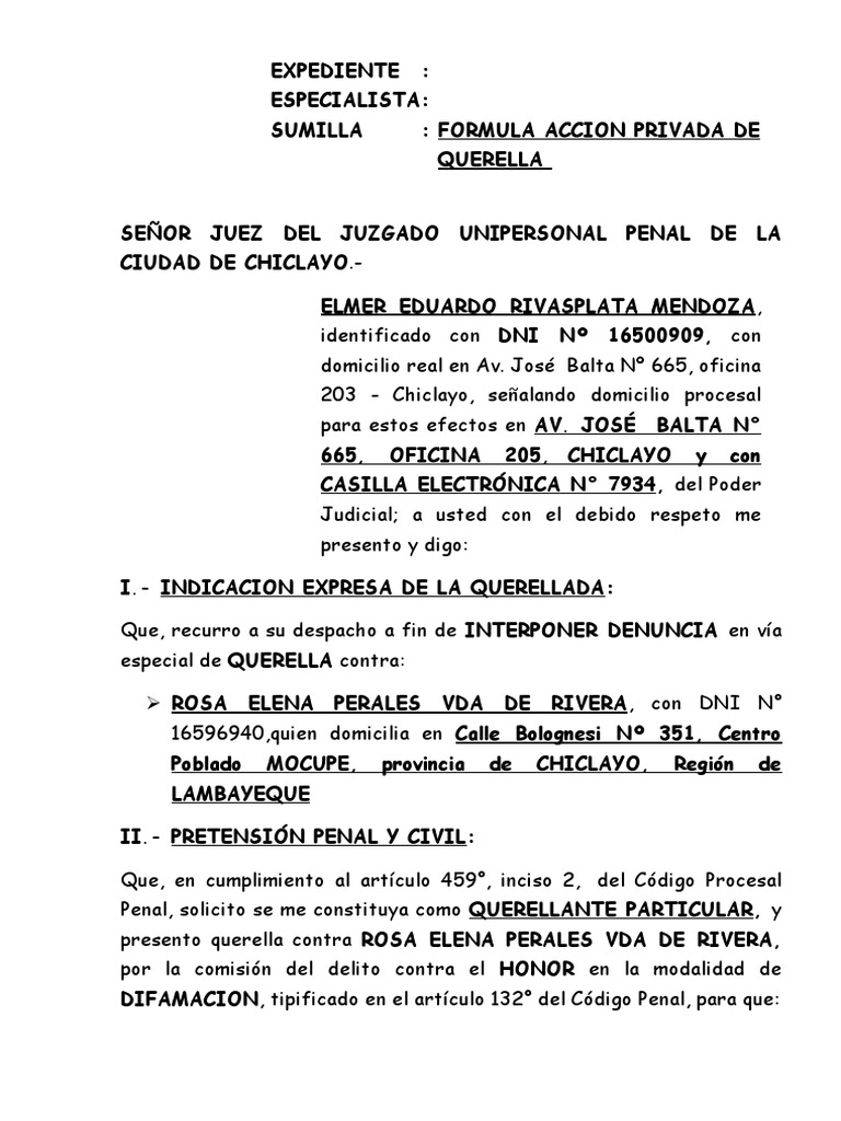 Querella Por Difamacion | Dignidad | Derecho penal