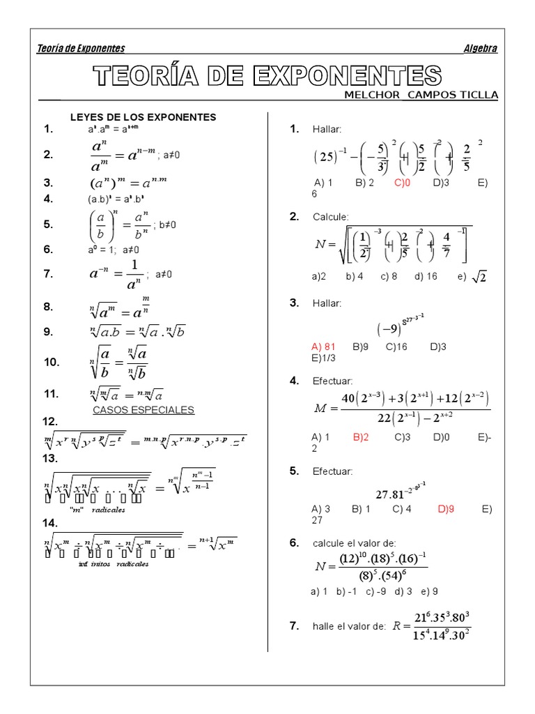 Teoria de Exponentes 10 | Aritmética | Conceptos matemáticos | Prueba ...
