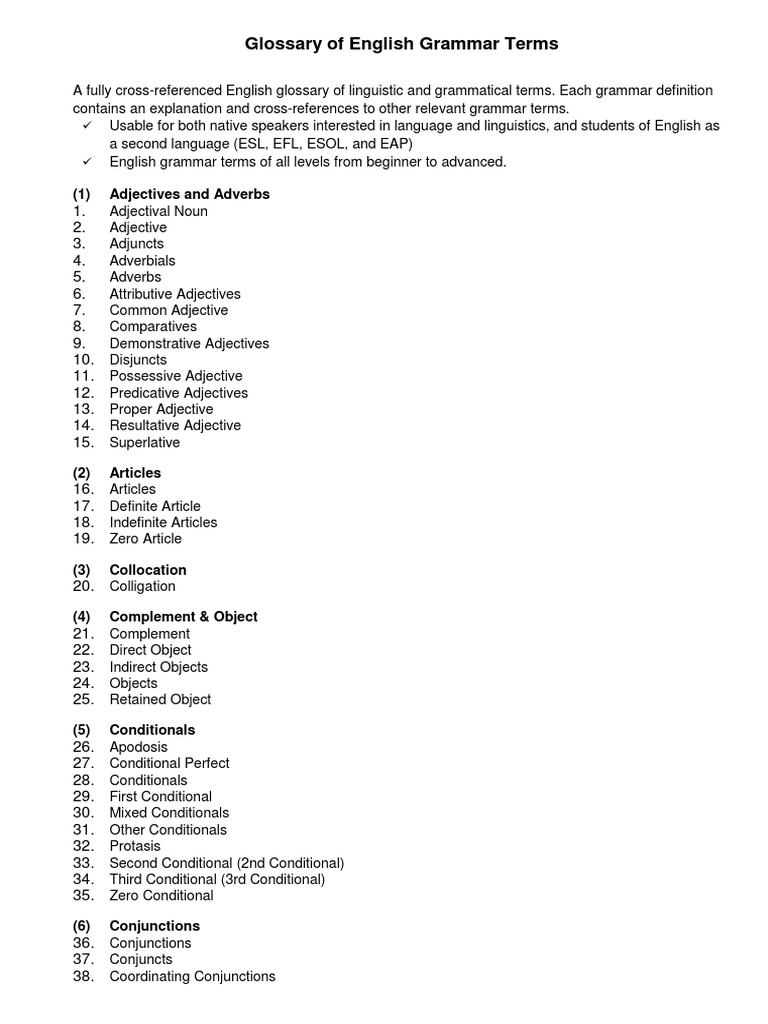 English Grammar Terms Glossary | PDF | Noun | Perfect (Grammar)