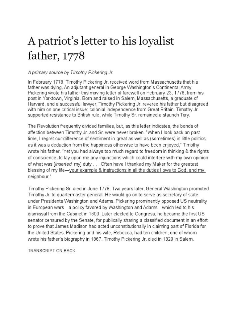 Farewell Letter to a Loyalist Father | PDF | George Washington ...