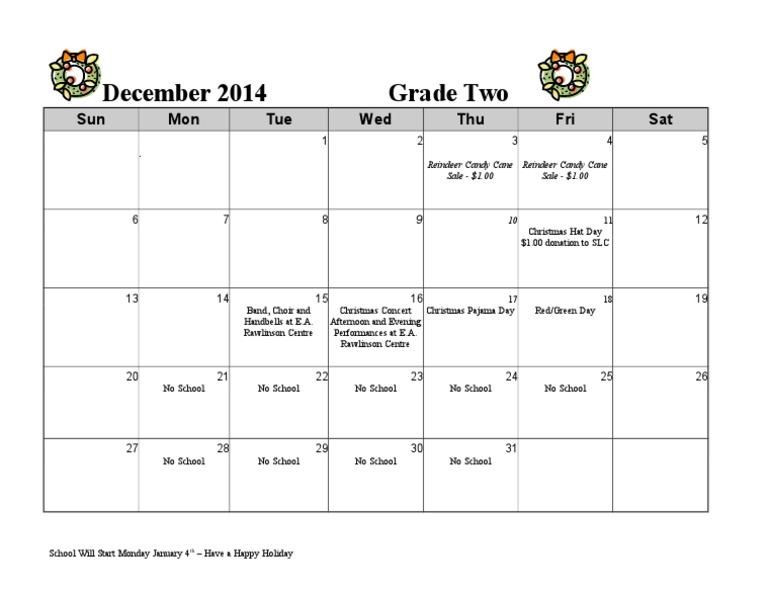 December 2014 Grade Two Calendar | PDF