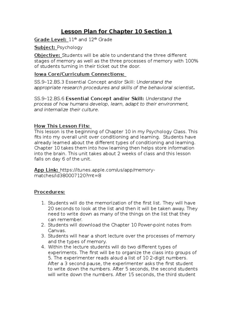 Memory Stages in Psychology Lesson Plan | PDF | Memory | Lesson Plan